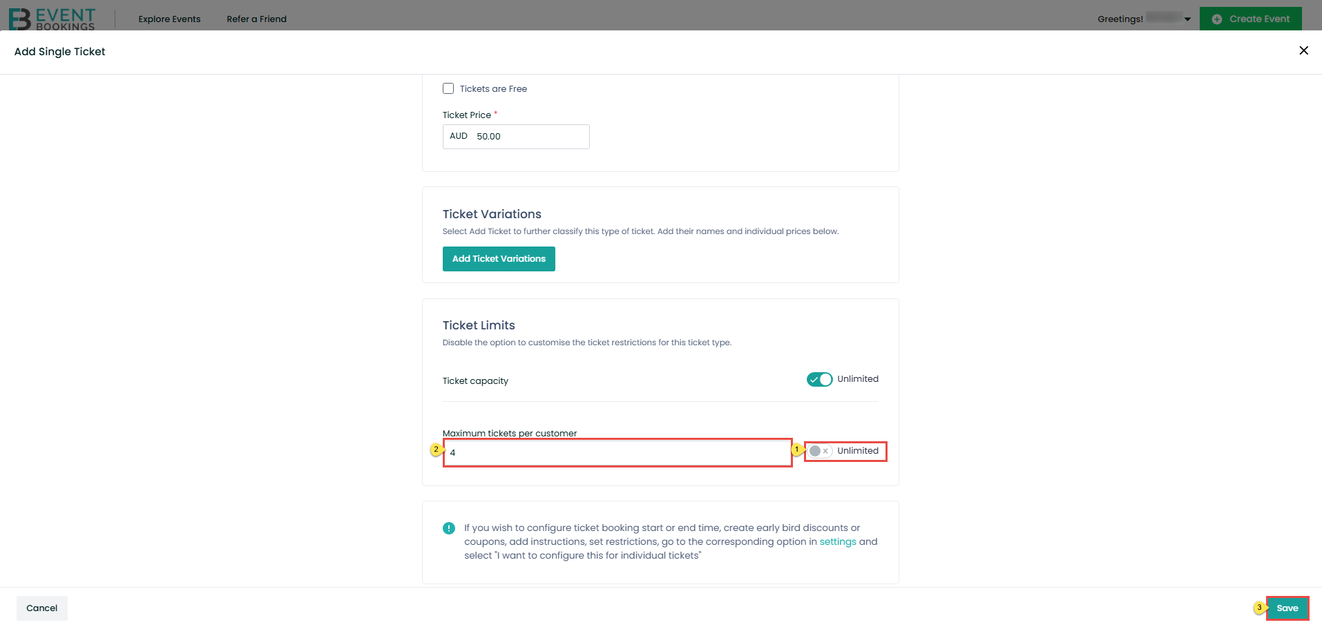How to Set the Maximum Number of Tickets Per Customer | EventBookings ...